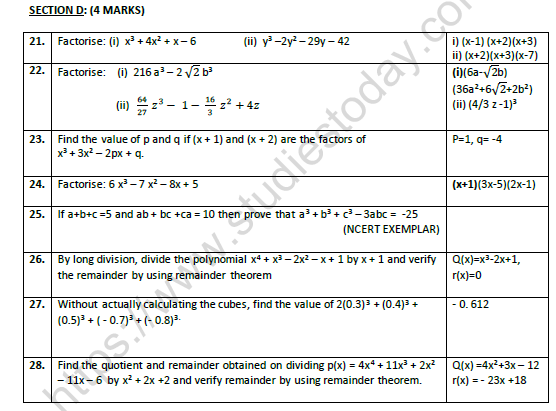 CBSE Class 9 Mathematics Polynomials Worksheet Set C CBSE Class 9 Mathematics Polynomials Worksheet Set C